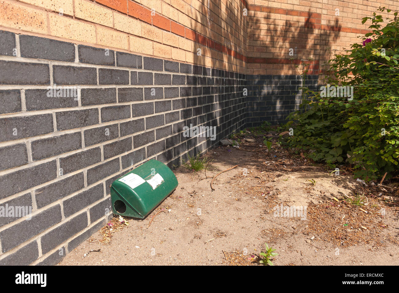Vermin rat or rodent trap placed on side wall in local rat run route in ...