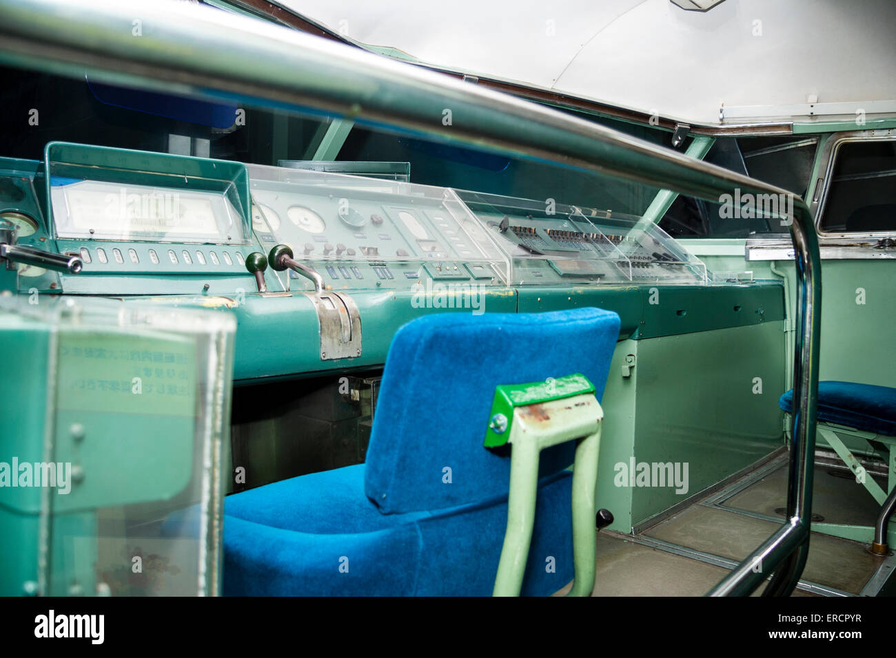 Japan, Osaka Transport museum. Interior of an early Shinkansen train ...