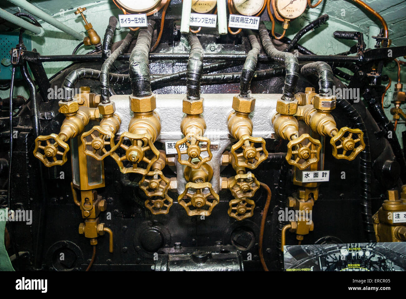 The controls in the train's footplate of a vintage steam locomtive at ...