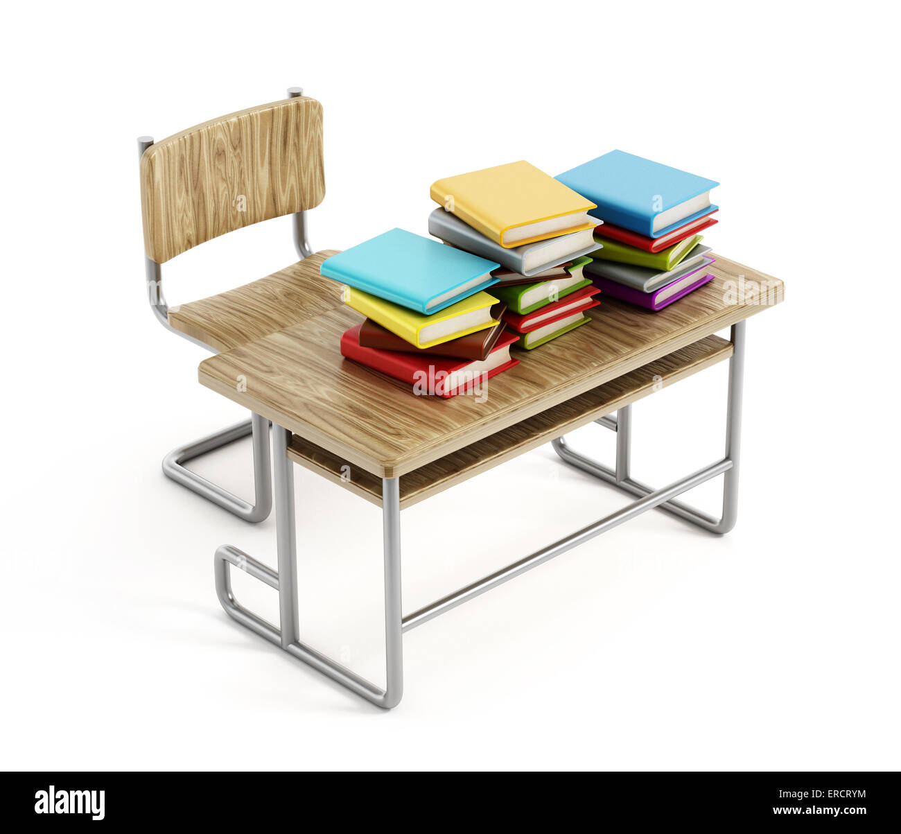 Books on school desk isolated on white Stock Photo - Alamy
