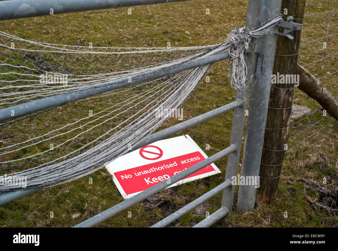 ''No unauthorized access Keep out'' sign by metal gate on moorland ...