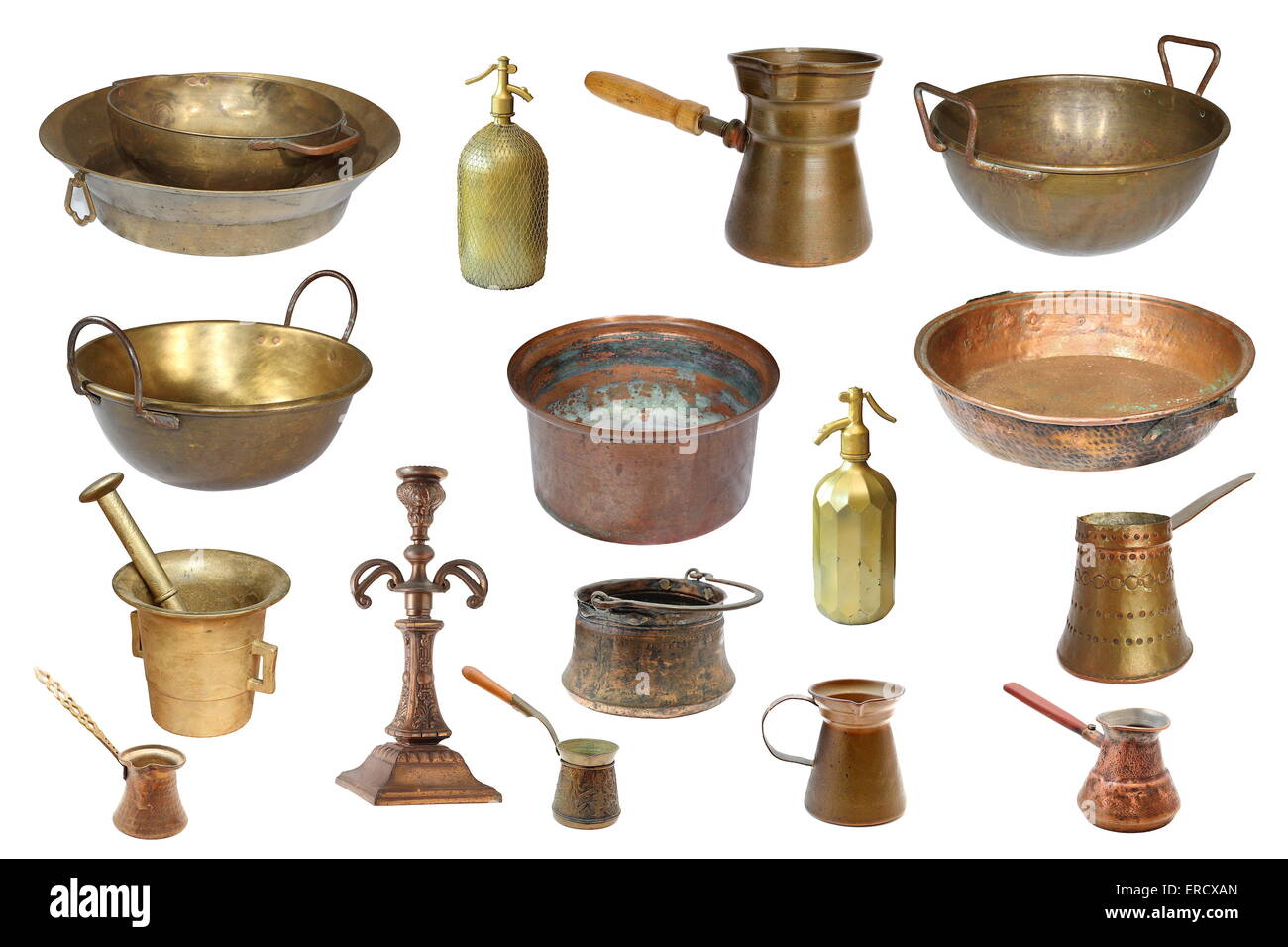 collection of vintage copper objects isolated over white background ...