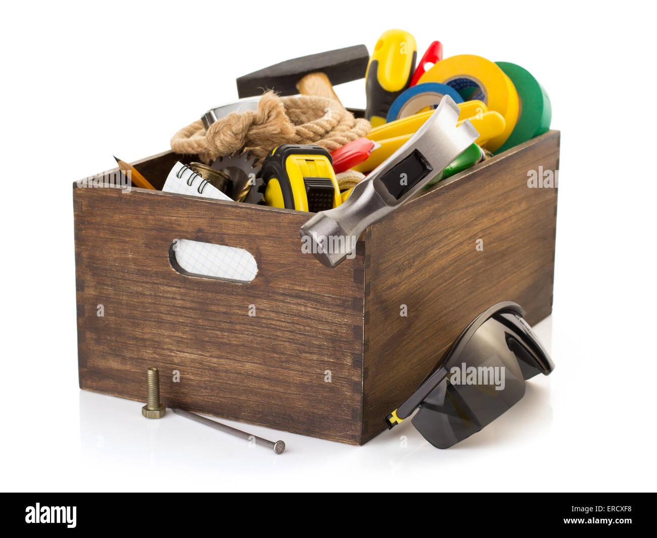 set of tools and instruments in toolbox isolated on white background ...