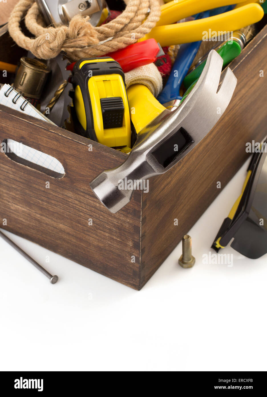 set of tools and instruments in toolbox isolated on white background ...