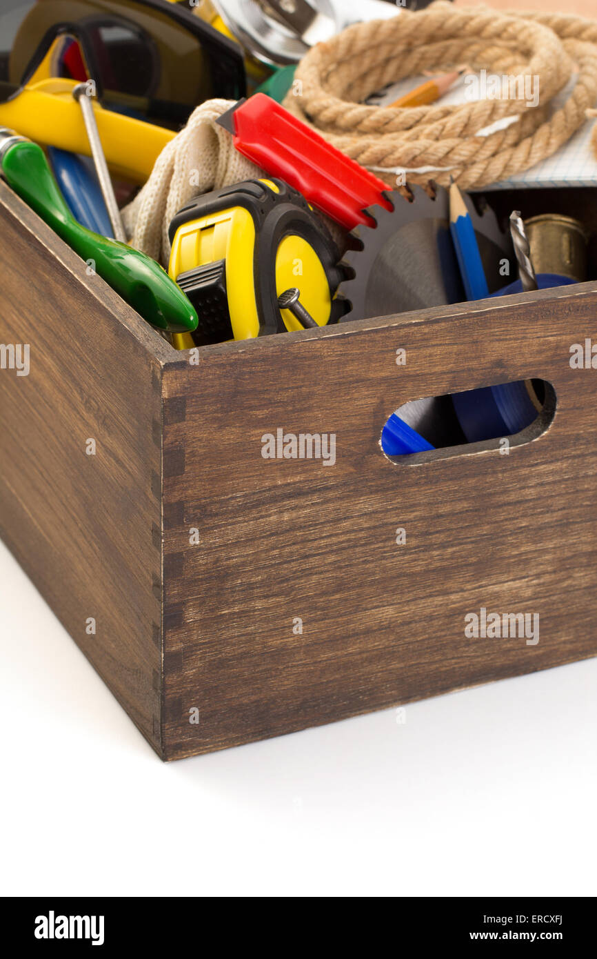 set of tools and instruments in toolbox isolated on white background ...