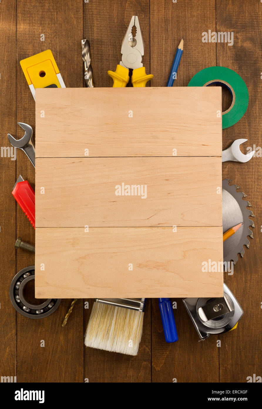 set of tools and instruments on wooden background Stock Photo - Alamy
