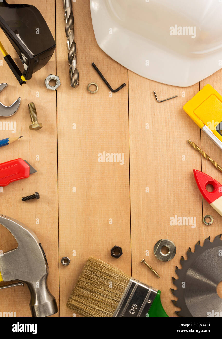set of tools and instruments on wooden background Stock Photo - Alamy