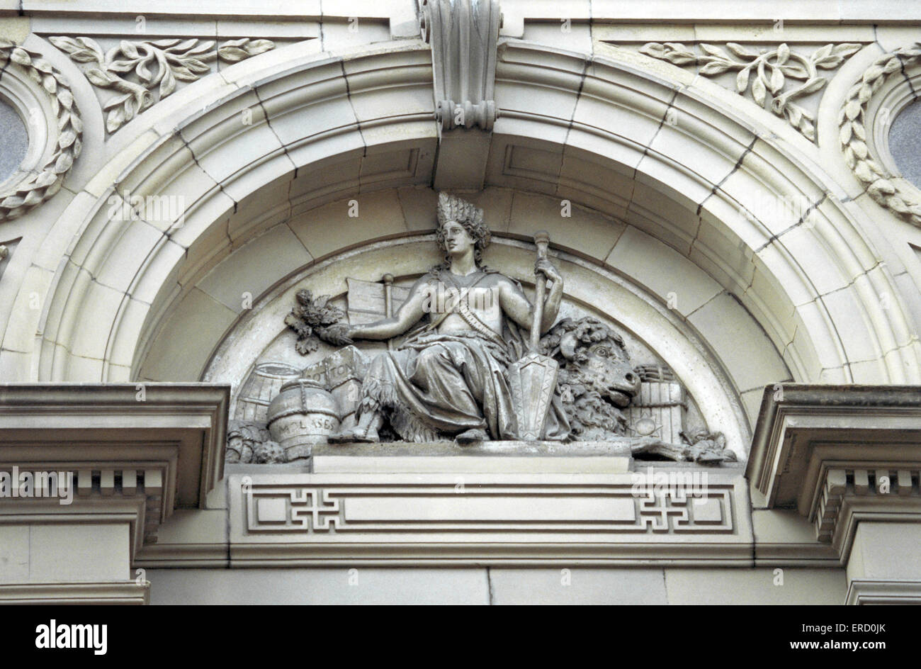 Close up of the portico on the facade of the Free Trade Hall building ...