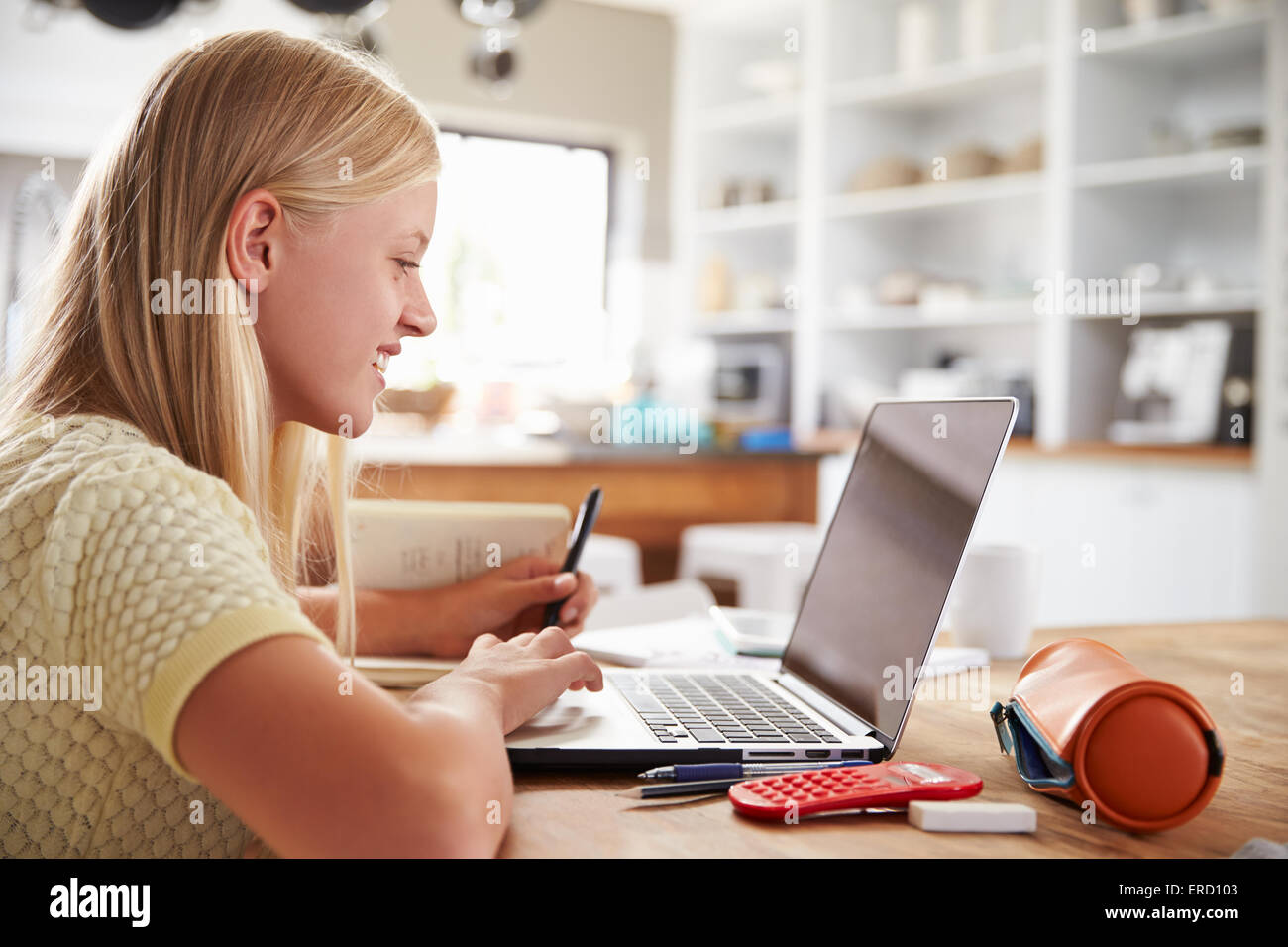 Girl using laptop computer at home Stock Photo - Alamy