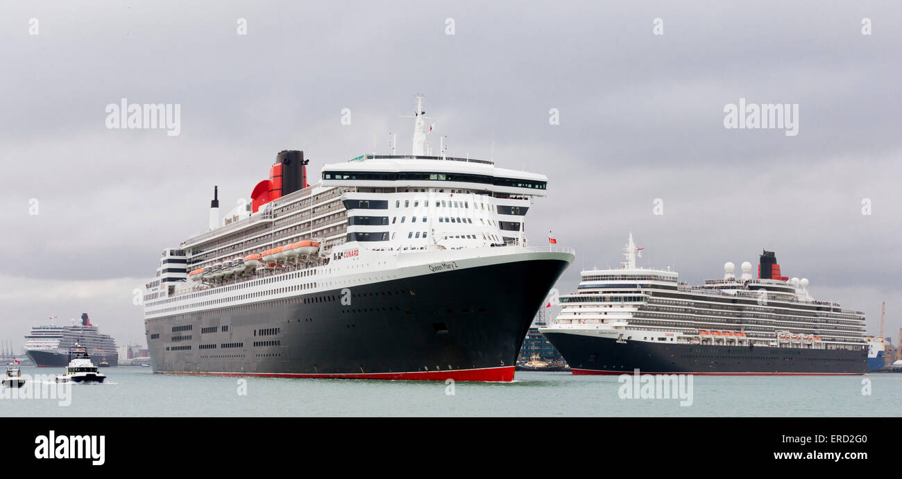 Cunard Line's three queens, Queen Mary 2 (centre), Queen Elizabeth ...