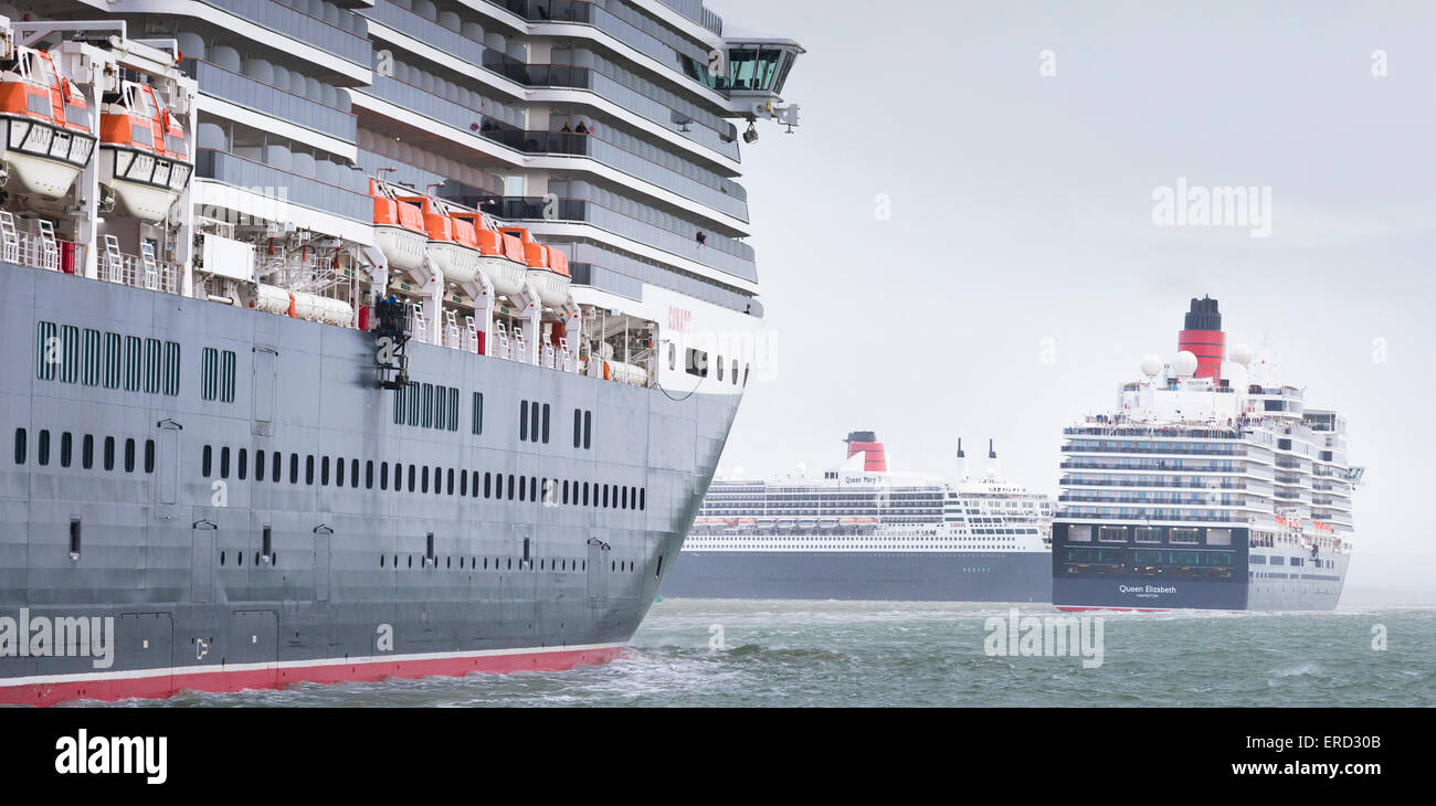 Cunard Line's three queens, Queen Mary 2 (centre), Queen Elizabeth ...