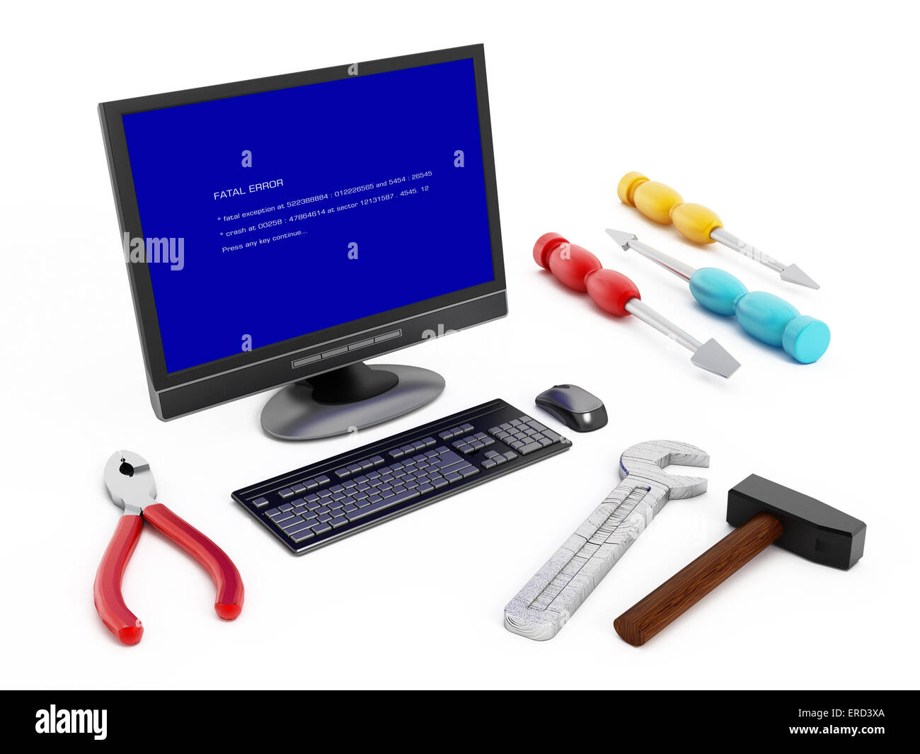 Computer with blue screen error and repair tools Stock Photo - Alamy