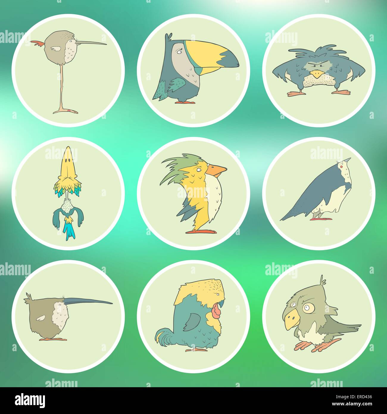 Set of hand drawn vector retro cartoon birds on flat round background ...