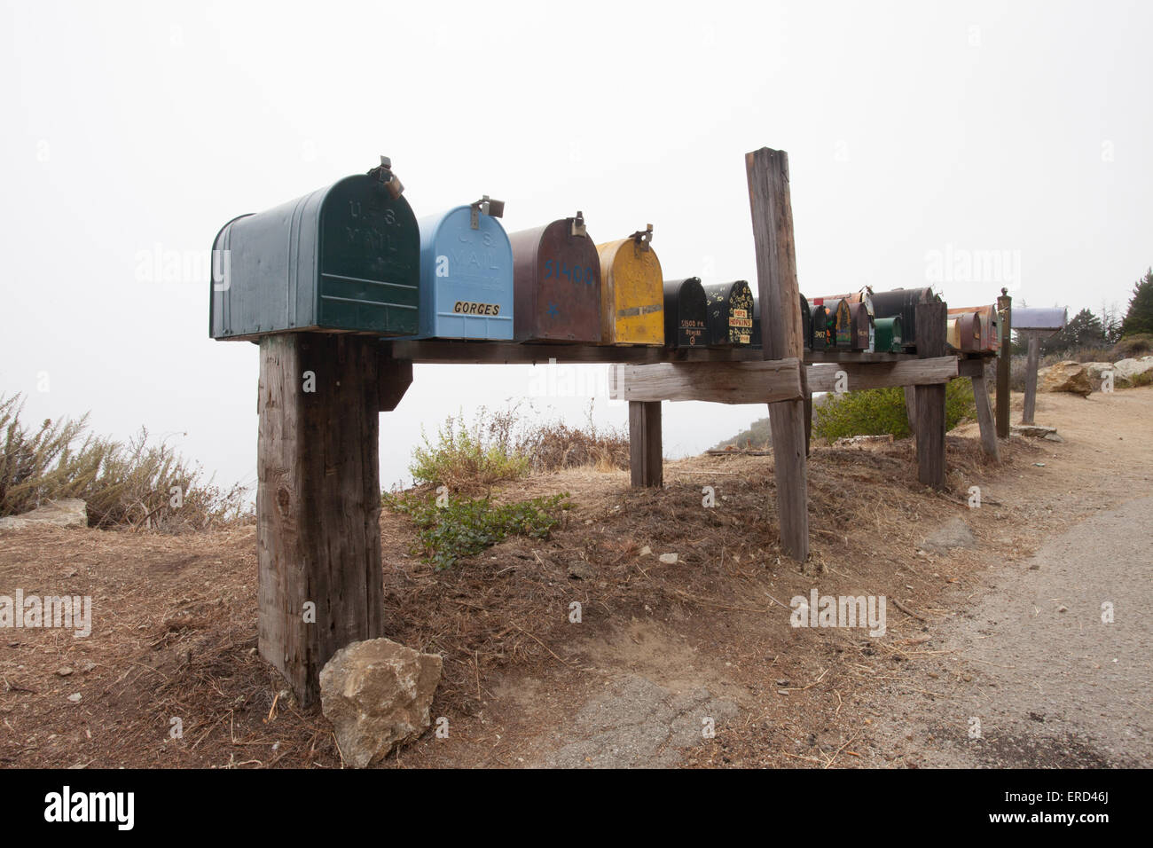Traditional American mailboxes in Big Sur, California. Misty mountain ...