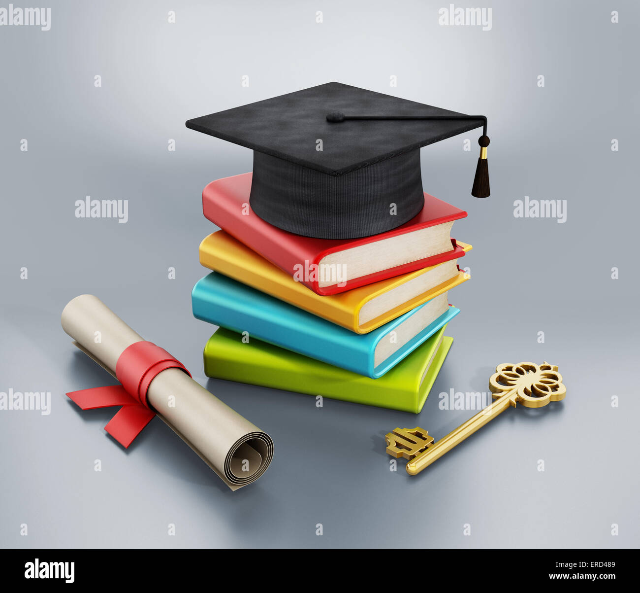 Graduation concept with mortarboard, books, diploma and gold key Stock ...
