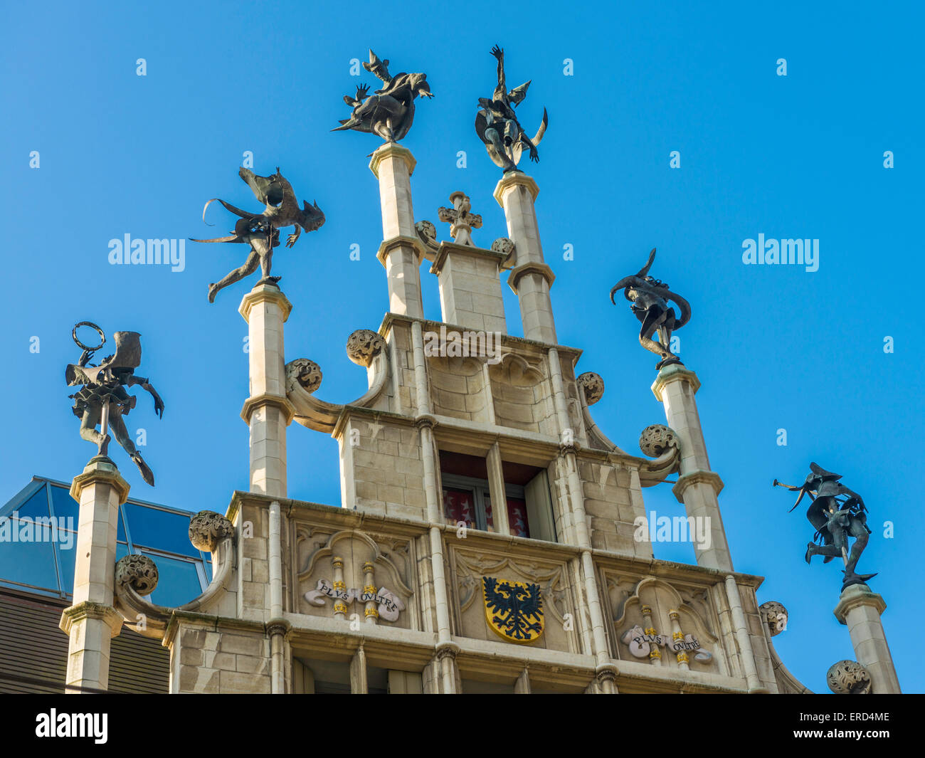 Ornamental copper statues on the 16th century Mason's Guildhall ...