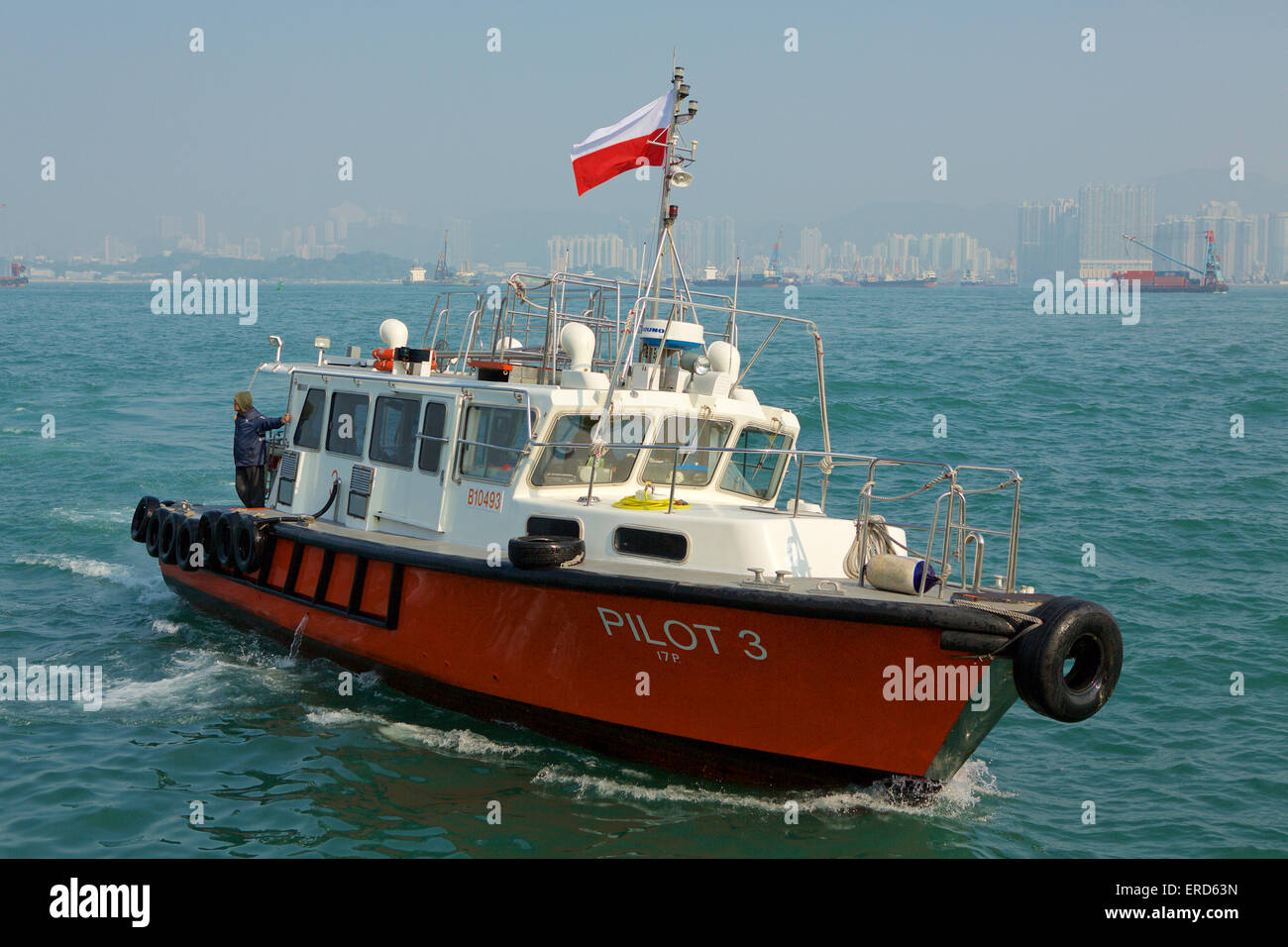 Pilot boat coming alongside in Hong Kong HK Harbour. Closeup of the ...