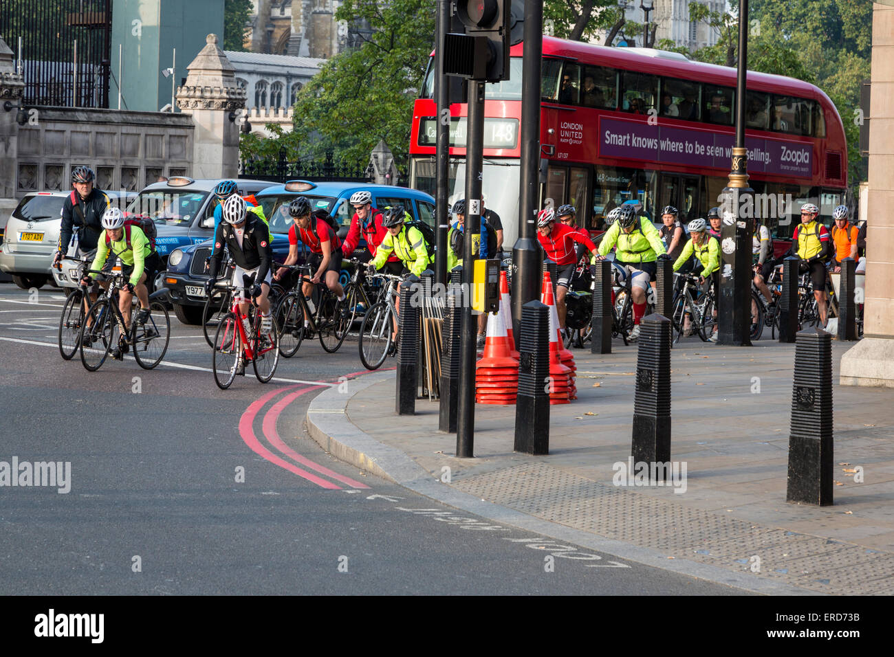 UK, England, London. Cyclists in Morning Rush Hour, Westminster Stock ...