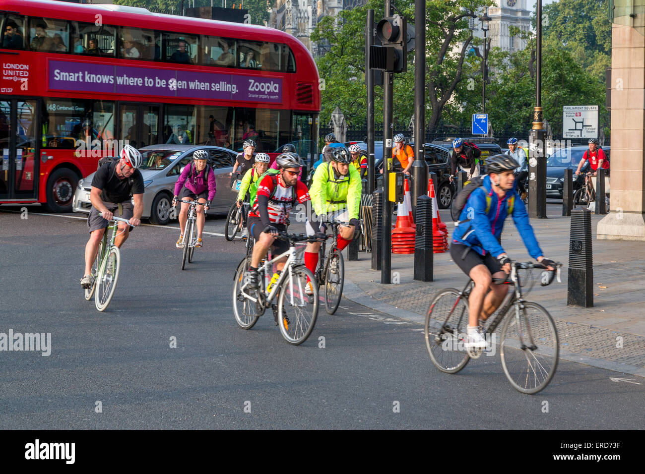UK, England, London. Cyclists in Morning Rush Hour, Westminster Stock ...