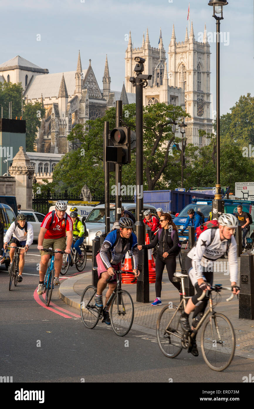 UK, England, London. Cyclists in Morning Rush Hour, Westminster Stock ...