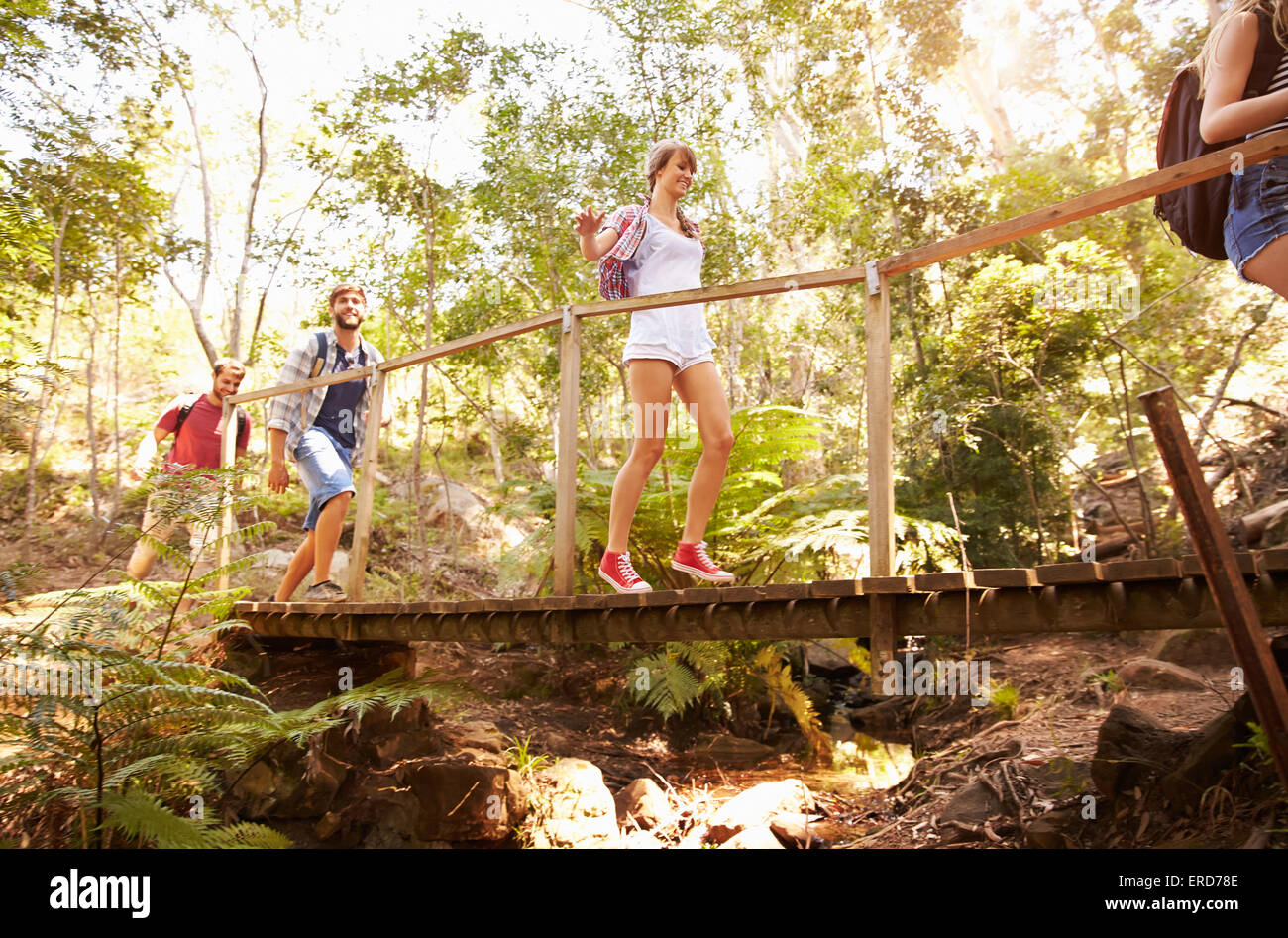 Group Of Friends On Walk Crossing Wooden Bridge In Forest Stock Photo ...