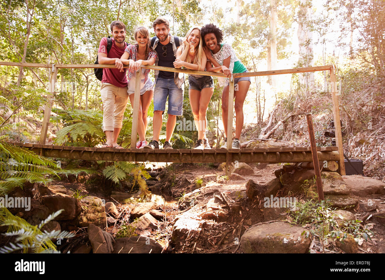 Group Of Friends On Walk Crossing Wooden Bridge In Forest Stock Photo ...