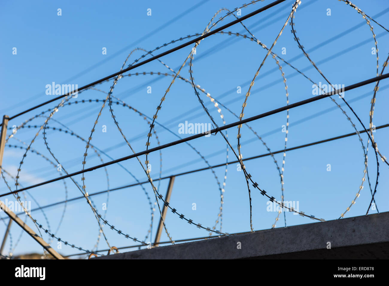 Detail of Razor Wire on Top of Security Fence with Blue Sky in ...