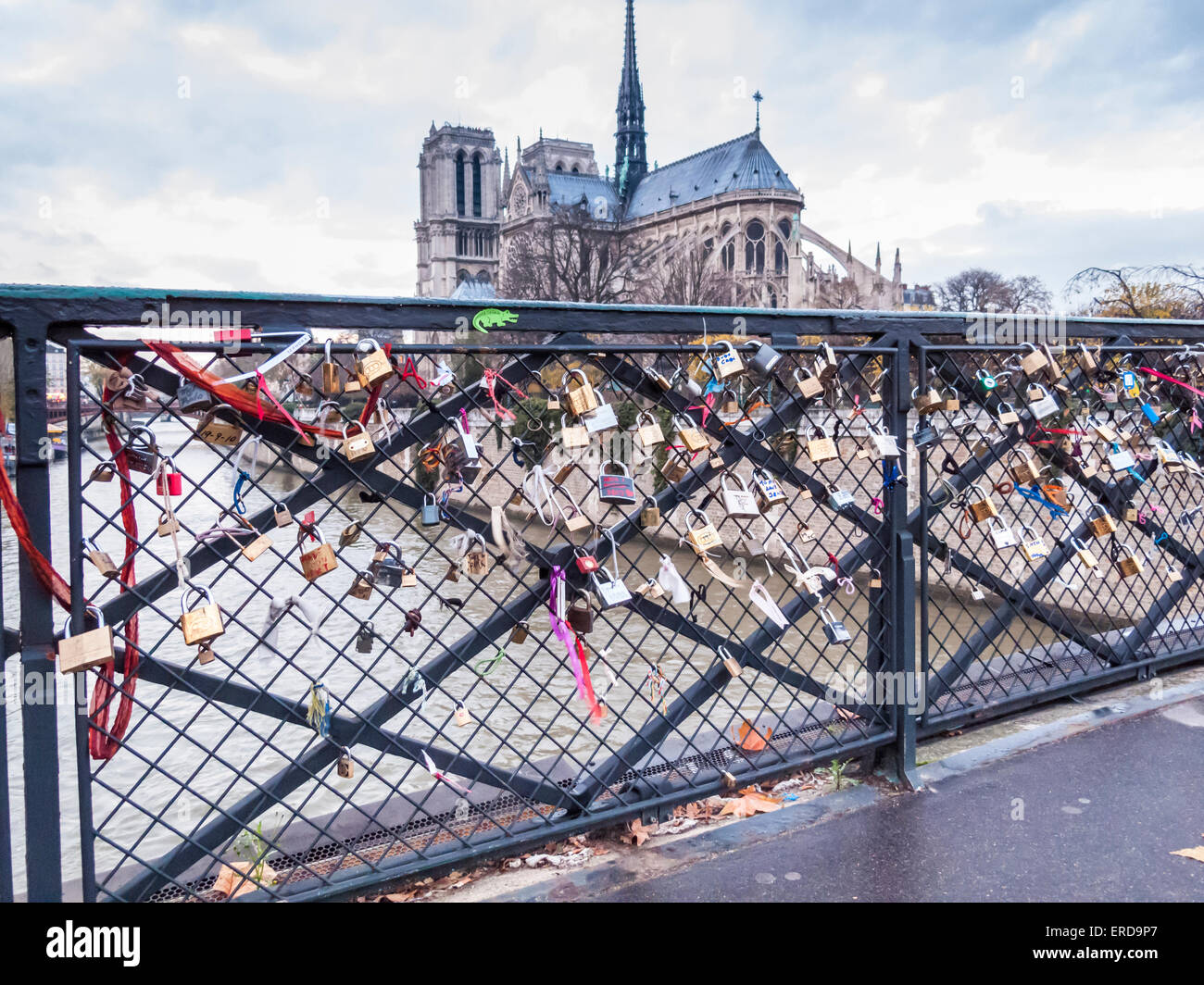 Love locks on the railings of a bridge over the River Seine with the ...