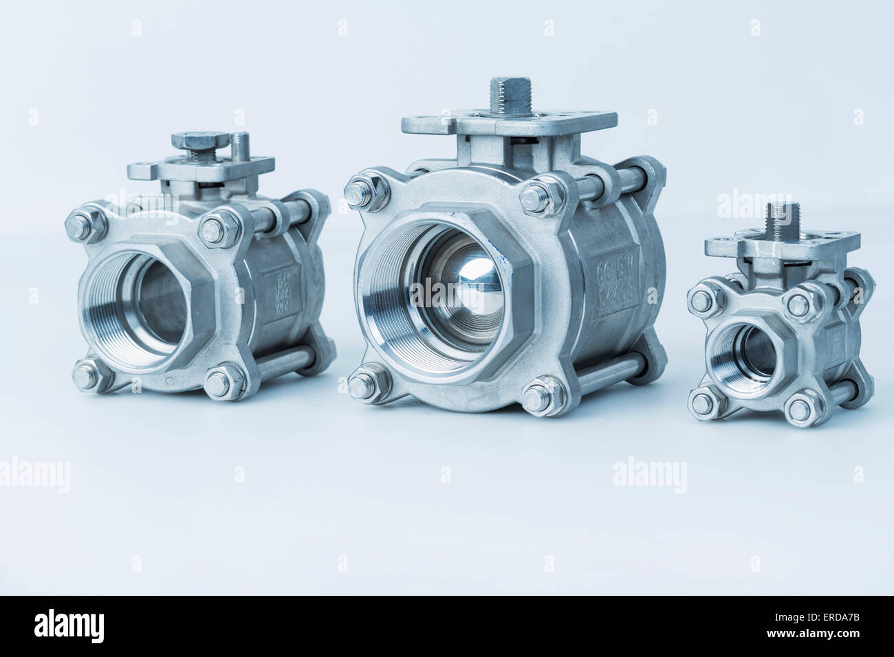 Group 3 valves, different sizes, ball valve with selective focus on ...