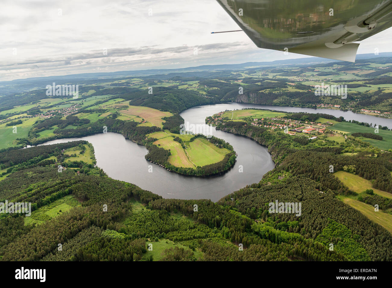 Meander of the river Vltava in the Czech Republic, view from the plane ...