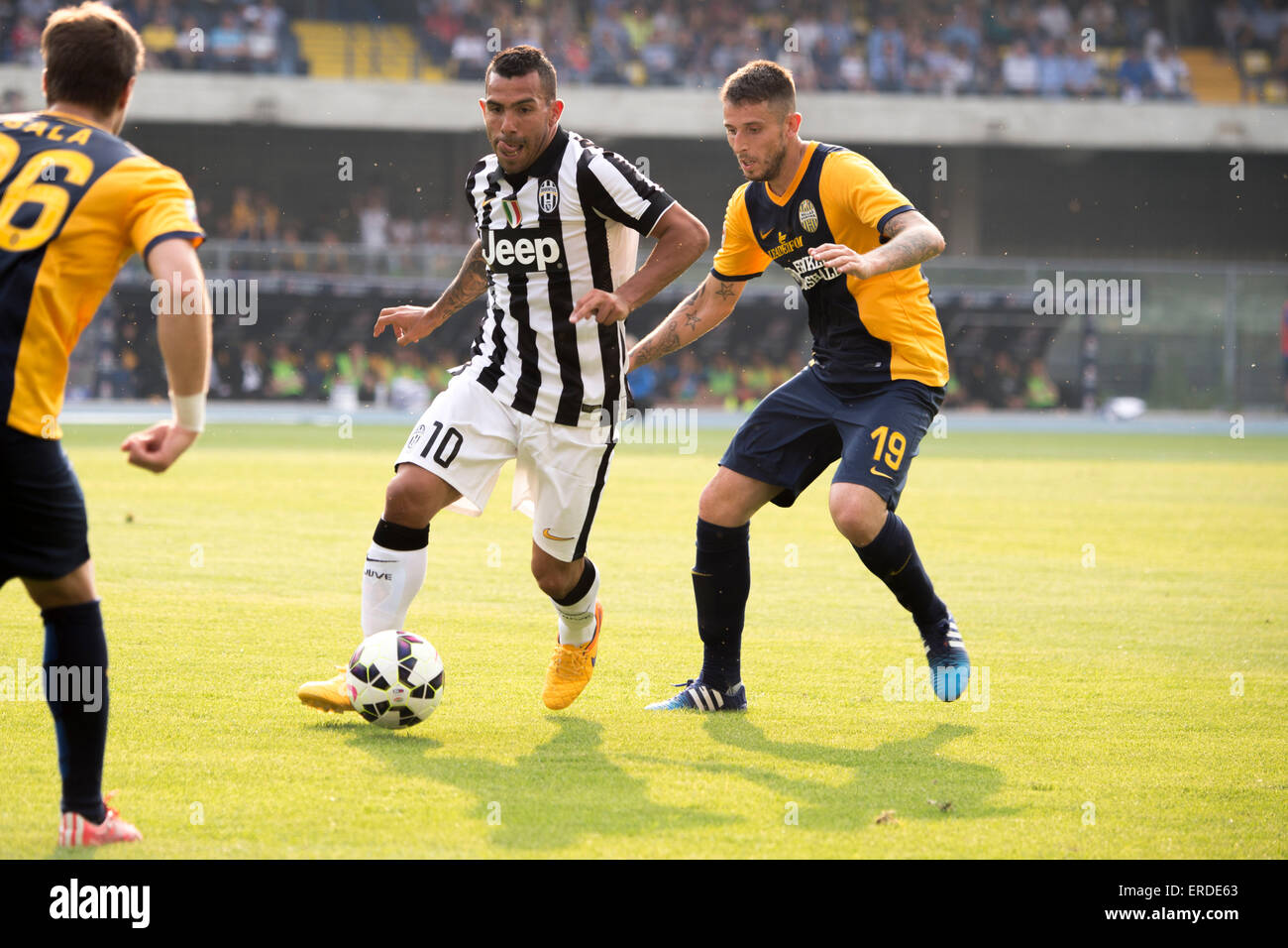 Verona, Italy. 30th May, 2015. Carlos Tevez (Juventus), Leandro Greco ...