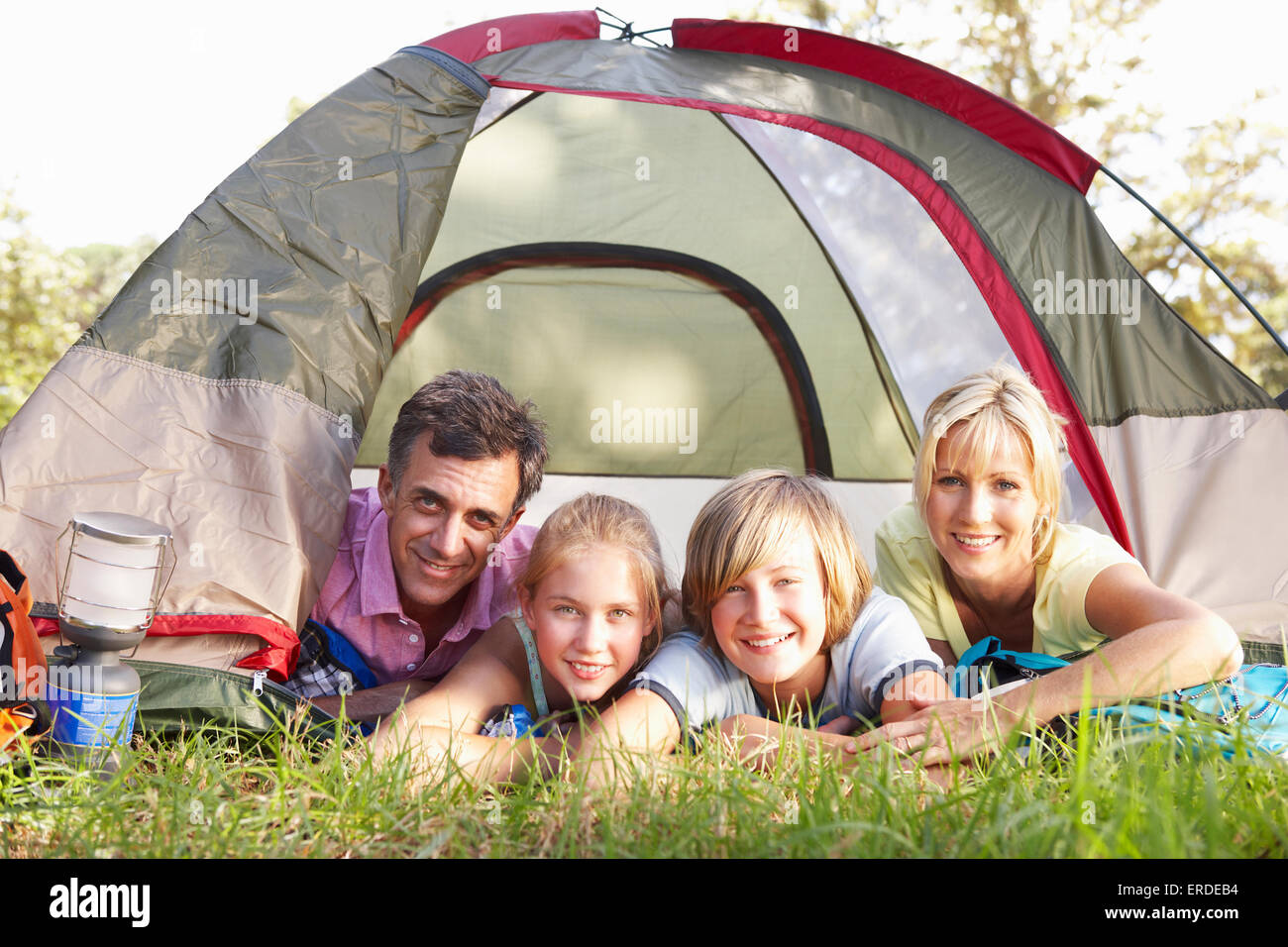 Middle Aged Family On Camping Holiday In Countryside Stock Photo - Alamy