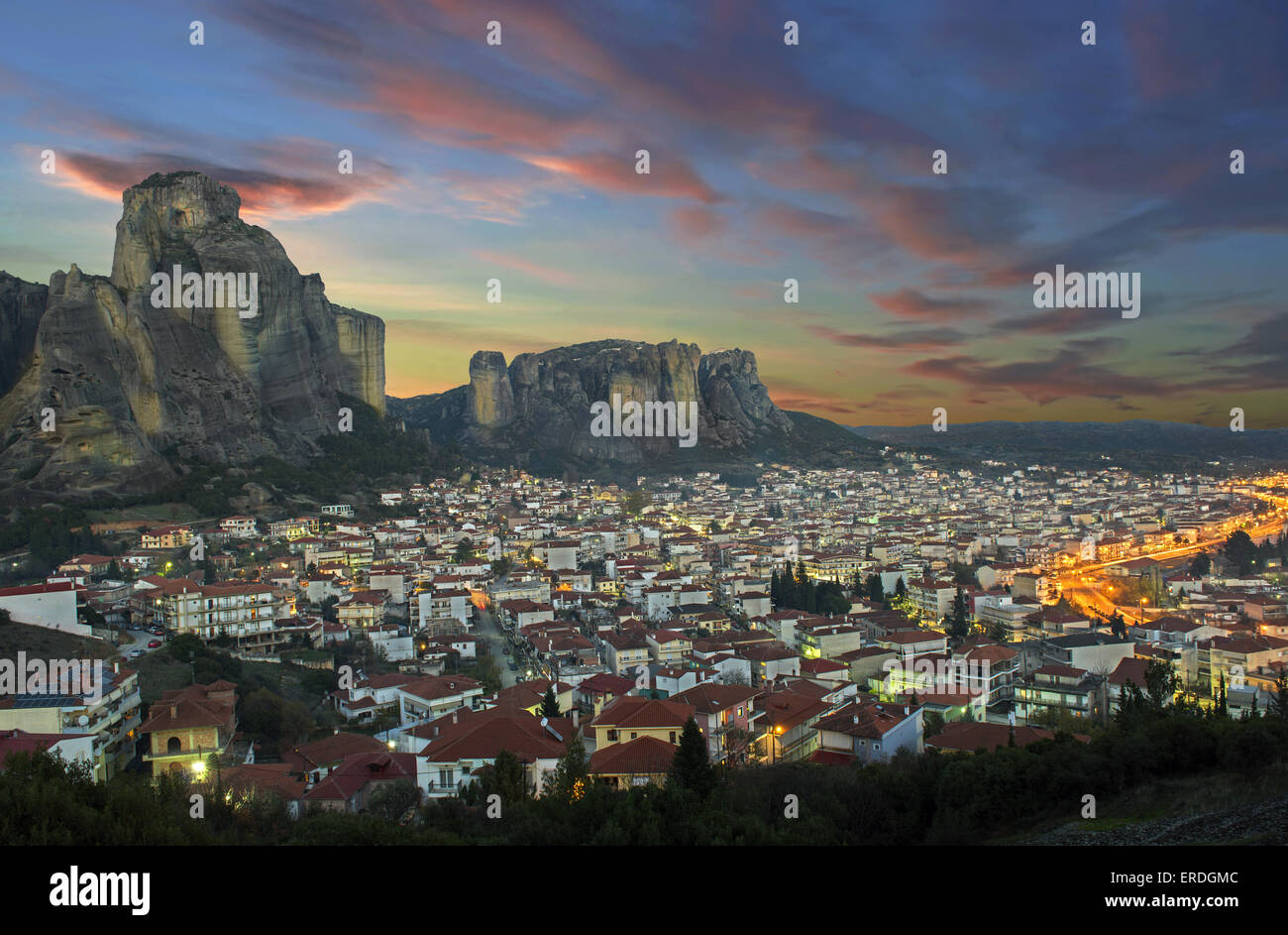 Dusk at Kalampaka town situated at the foot of Meteora rocks in ...