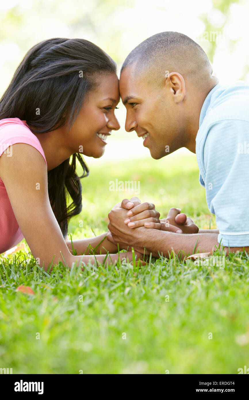 Portrait Of Romantic Young African American Couple In Park Stock Photo ...