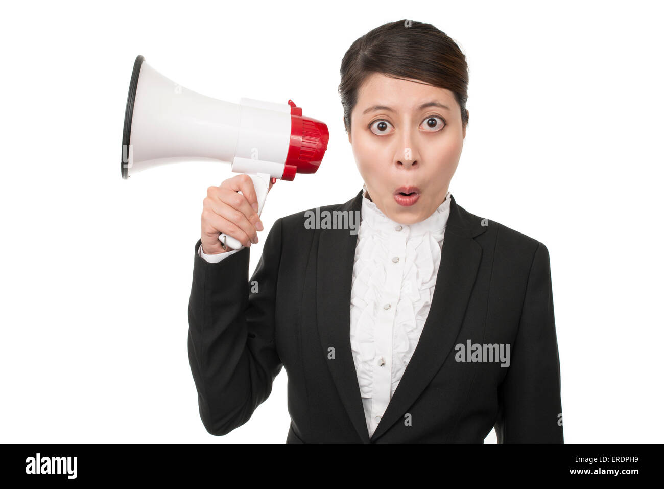 Businesswoman Using a Megaphone say wow Stock Photo - Alamy