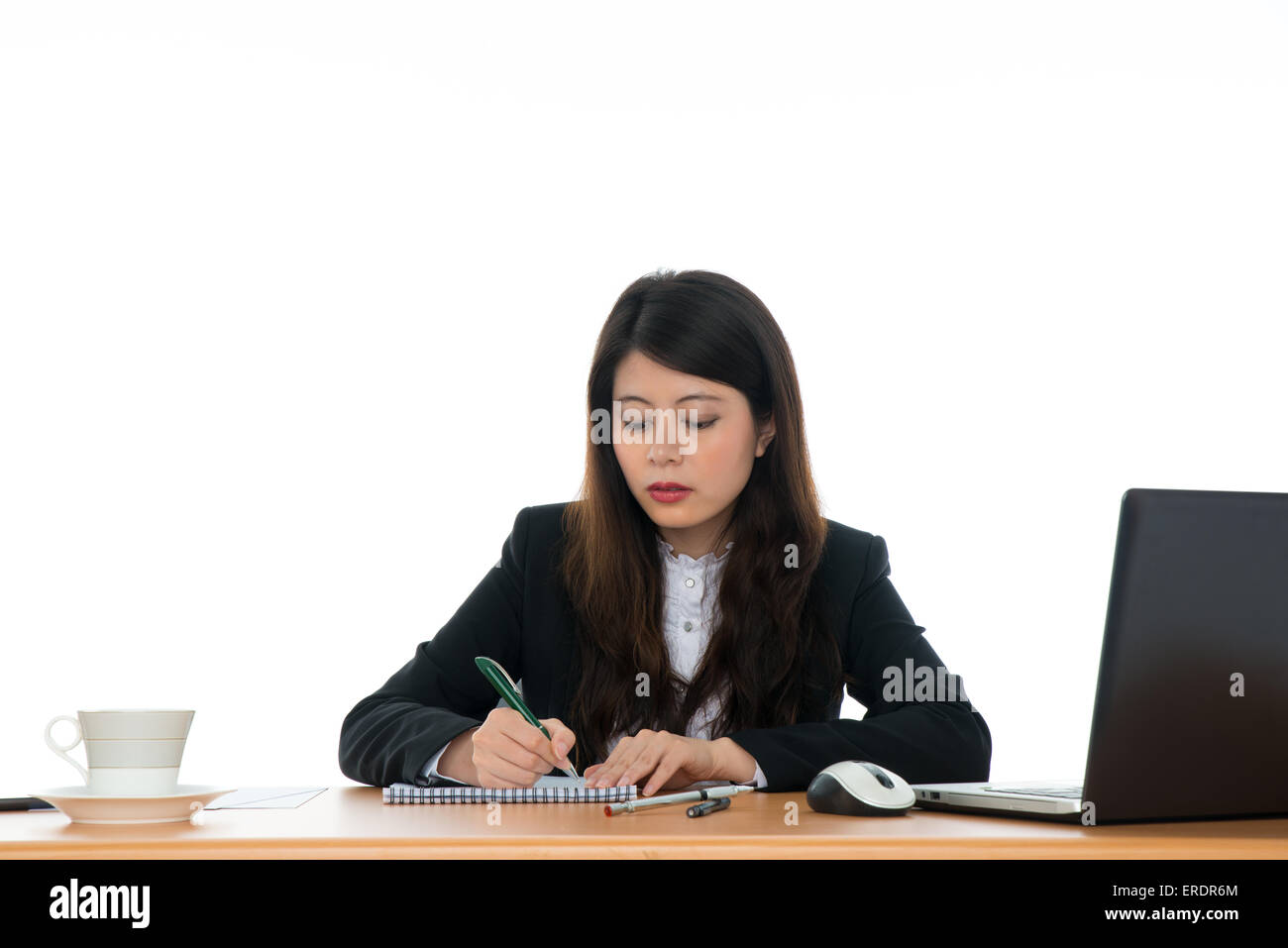 Businesswoman Sitting Office Desk Writing Computer Stock Photo - Alamy