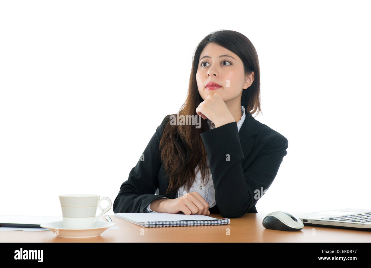 Happy Businesswoman Sitting Office Desk Look into distance Stock Photo ...