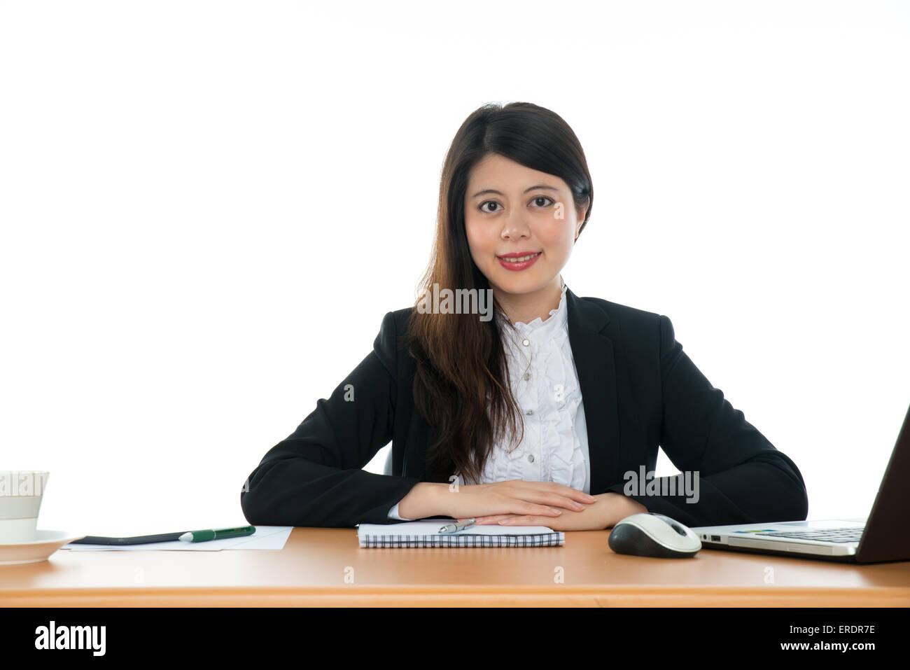 Happy Businesswoman Sitting At Office Desk Interview Stock Photo - Alamy