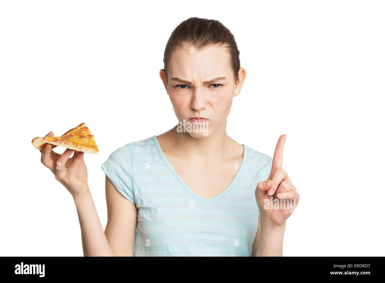 Portrait of young serious woman refusing to eat unhealthy fast food ...