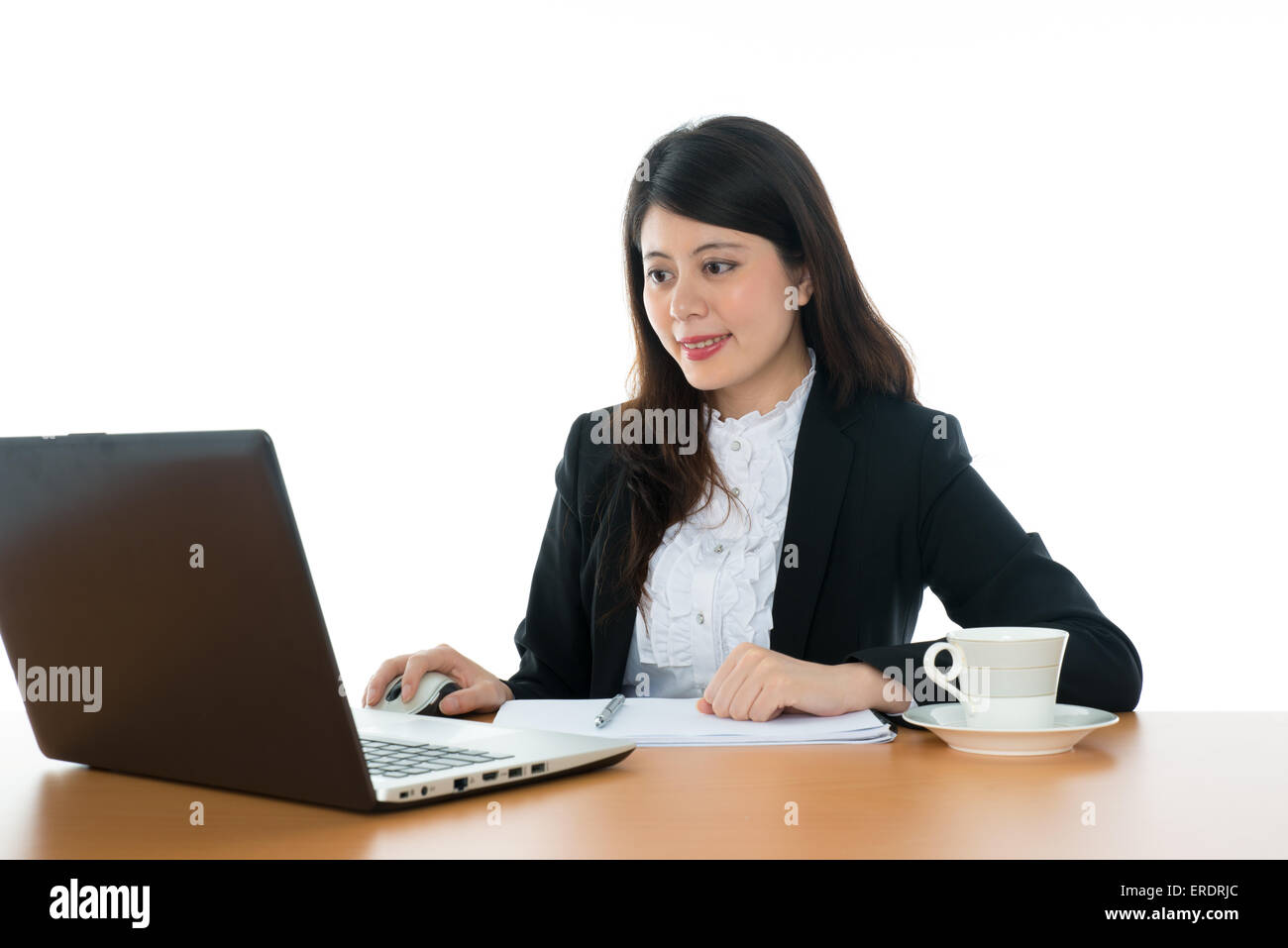 Happy Businesswoman Sitting At Office Desk Using Computer Stock Photo ...