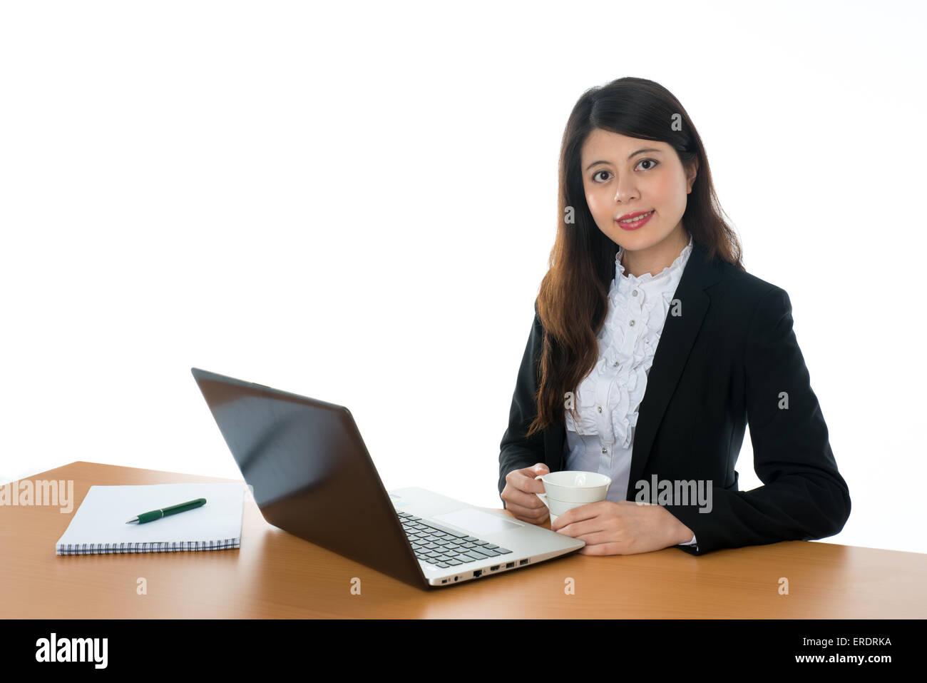 Happy Businesswoman Sitting At Office Desk Using Computer Stock Photo ...
