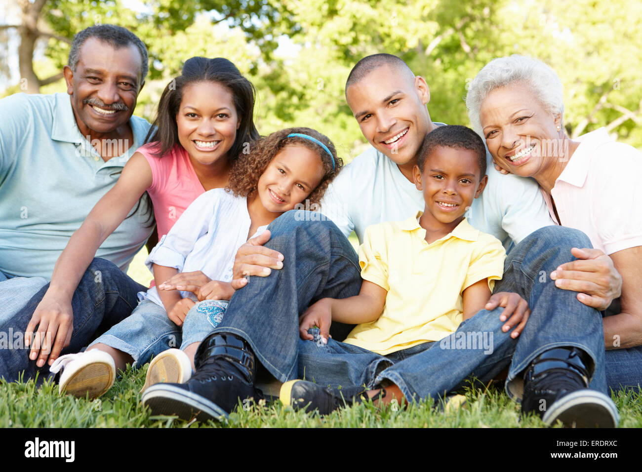 Multi Generation African American Family Relaxing In Park Stock Photo ...