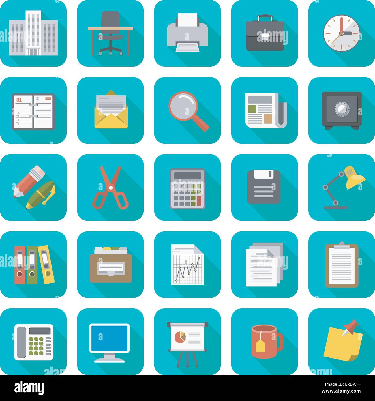 Set of modern flat business office icons with long shadows. Office ...