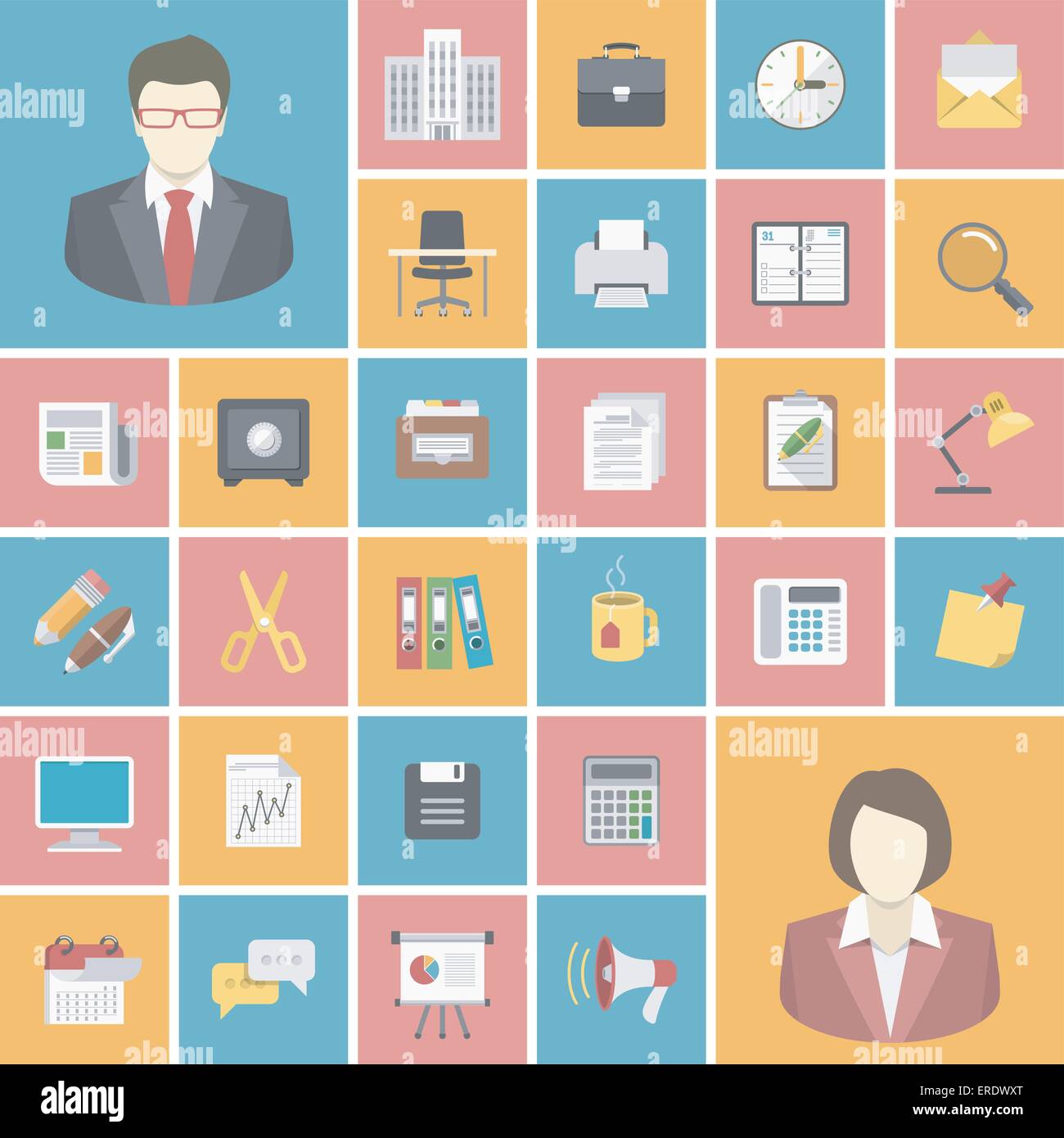 Modern flat colorful business office icons. Office equipment, supplies ...