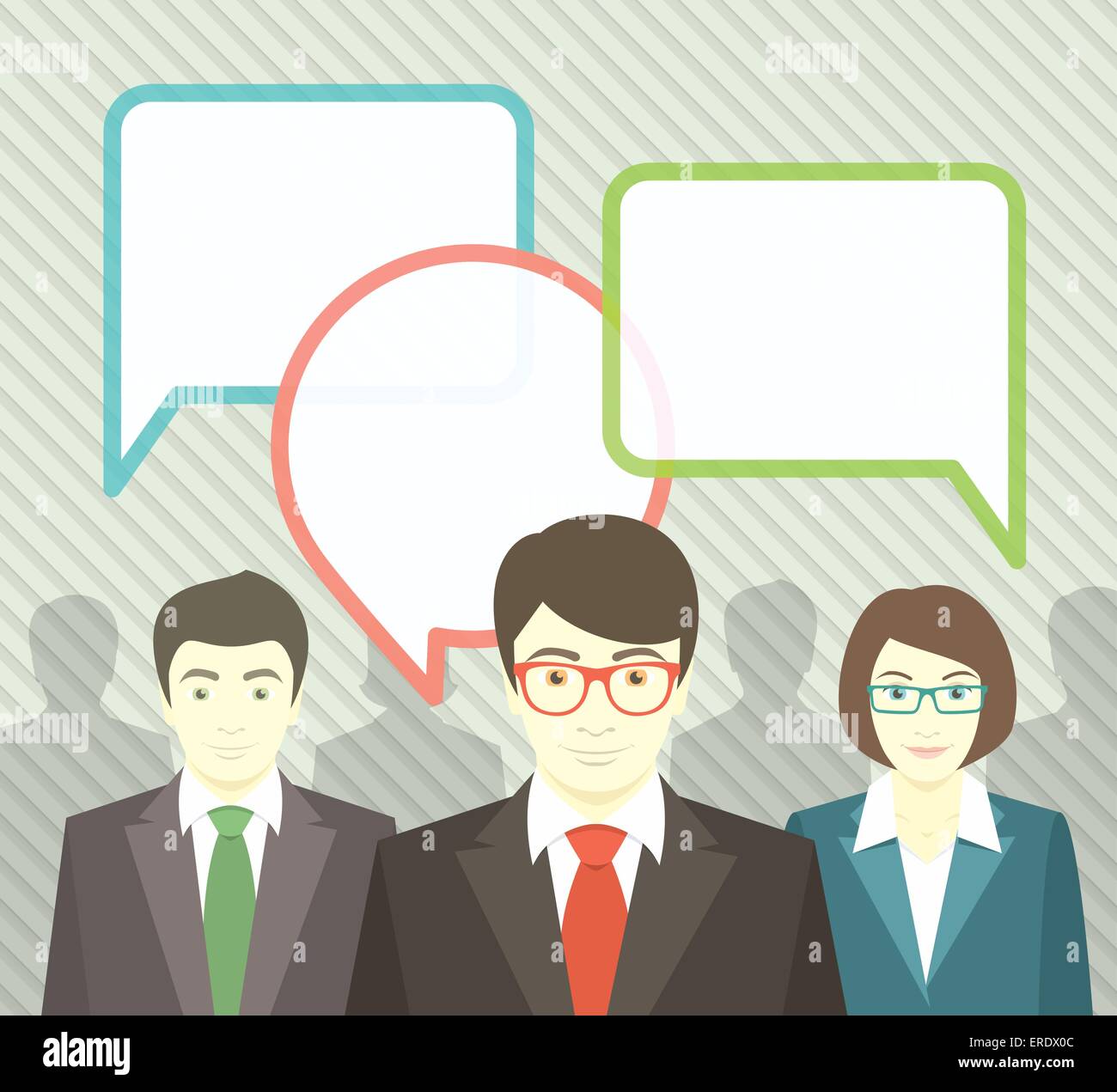 Flat vector illustration of a young business team and speech bubbles ...
