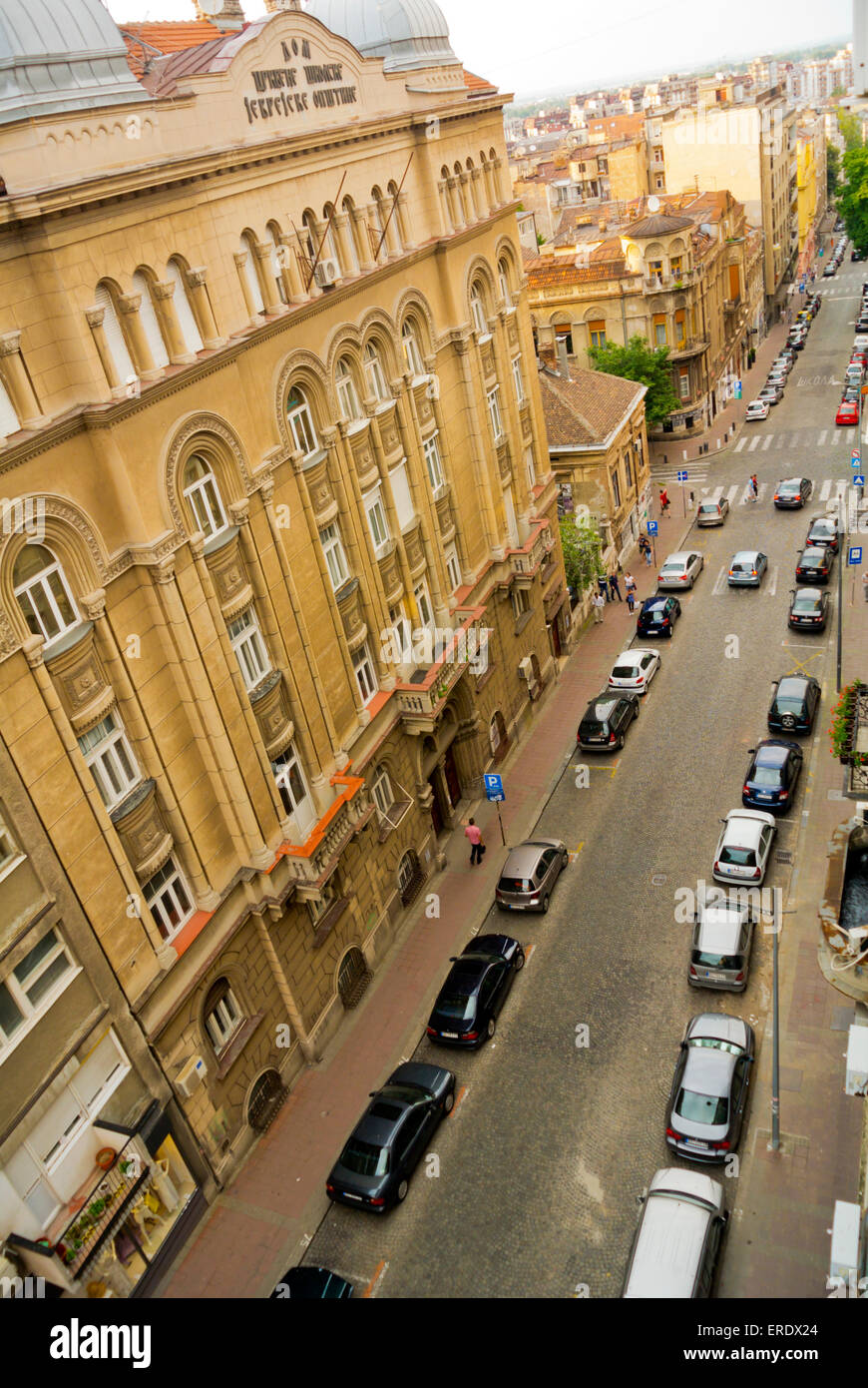 High angle view street scene, Dorcol district, central Belgrade, Serbia ...