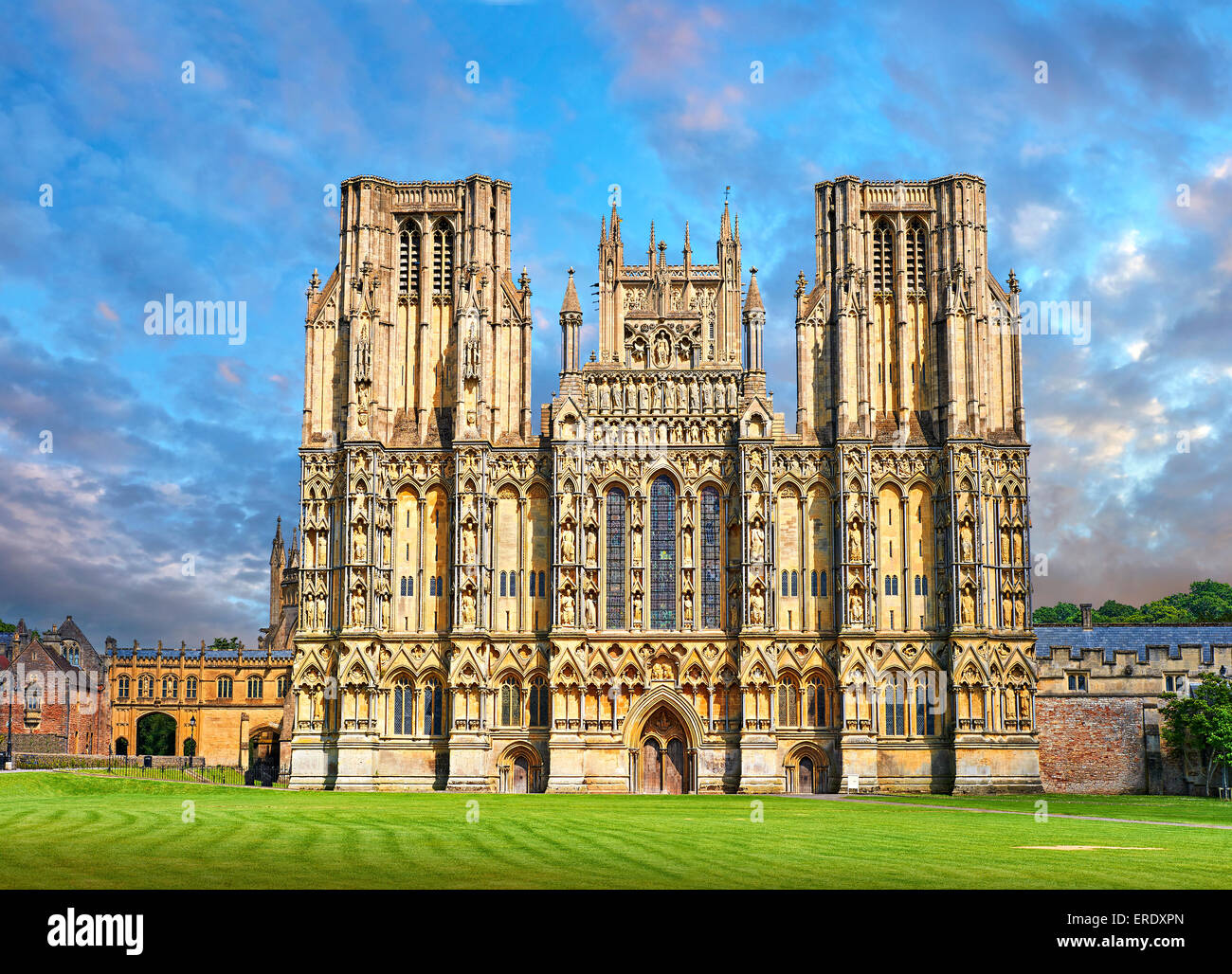 The facade of the medieval Wells Cathedral built in the Early English ...