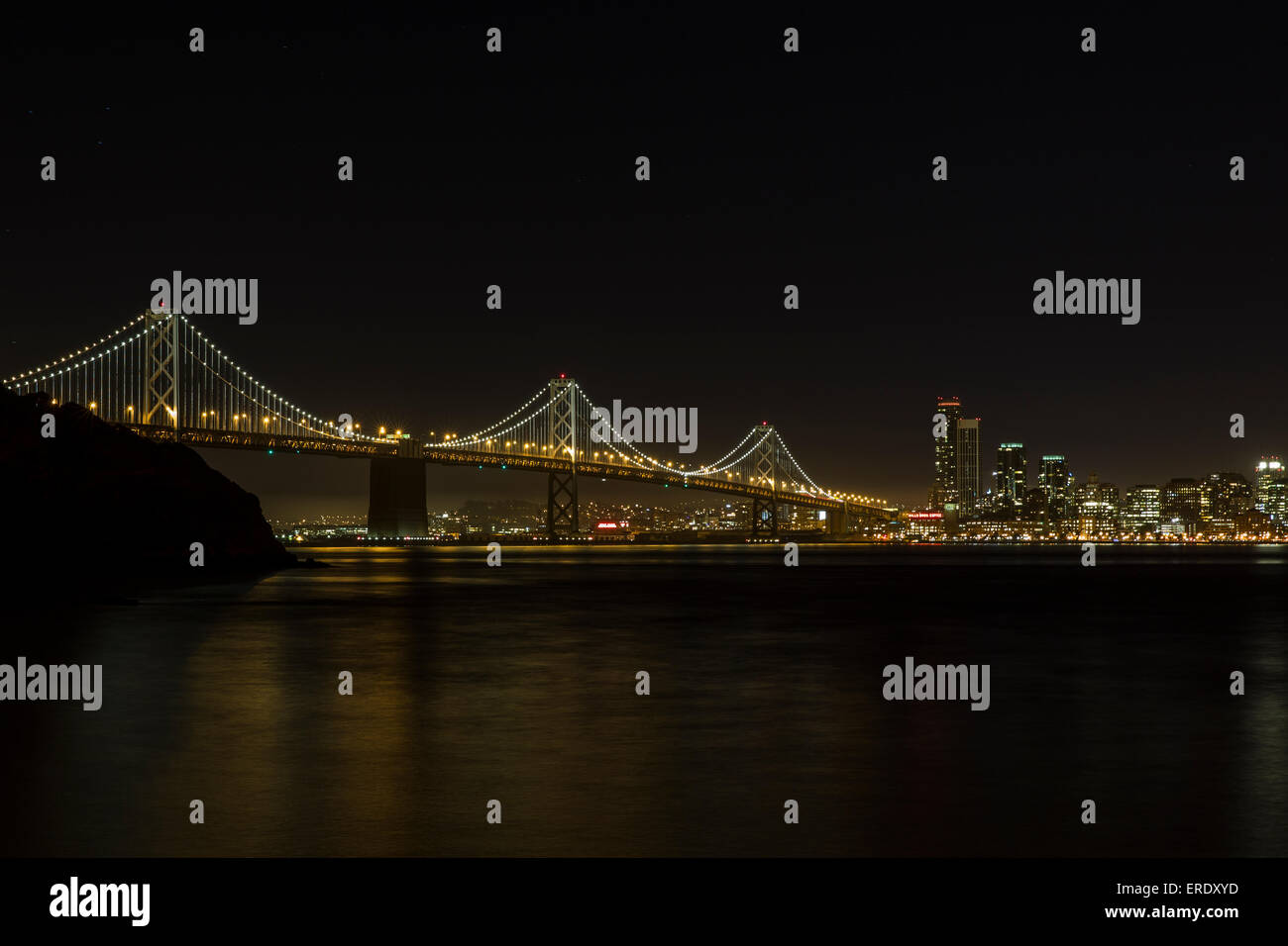 San Francisco–Oakland Bay Bridge at night, California, USA Stock Photo ...