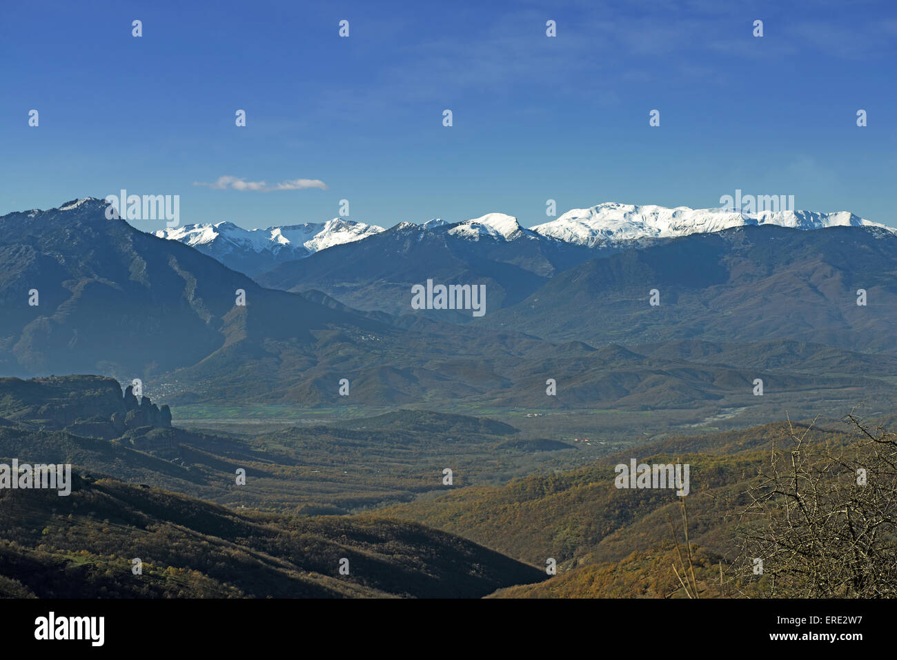 Panoramic view from Meteora rocks, to Pindos, the biggest mountain ...