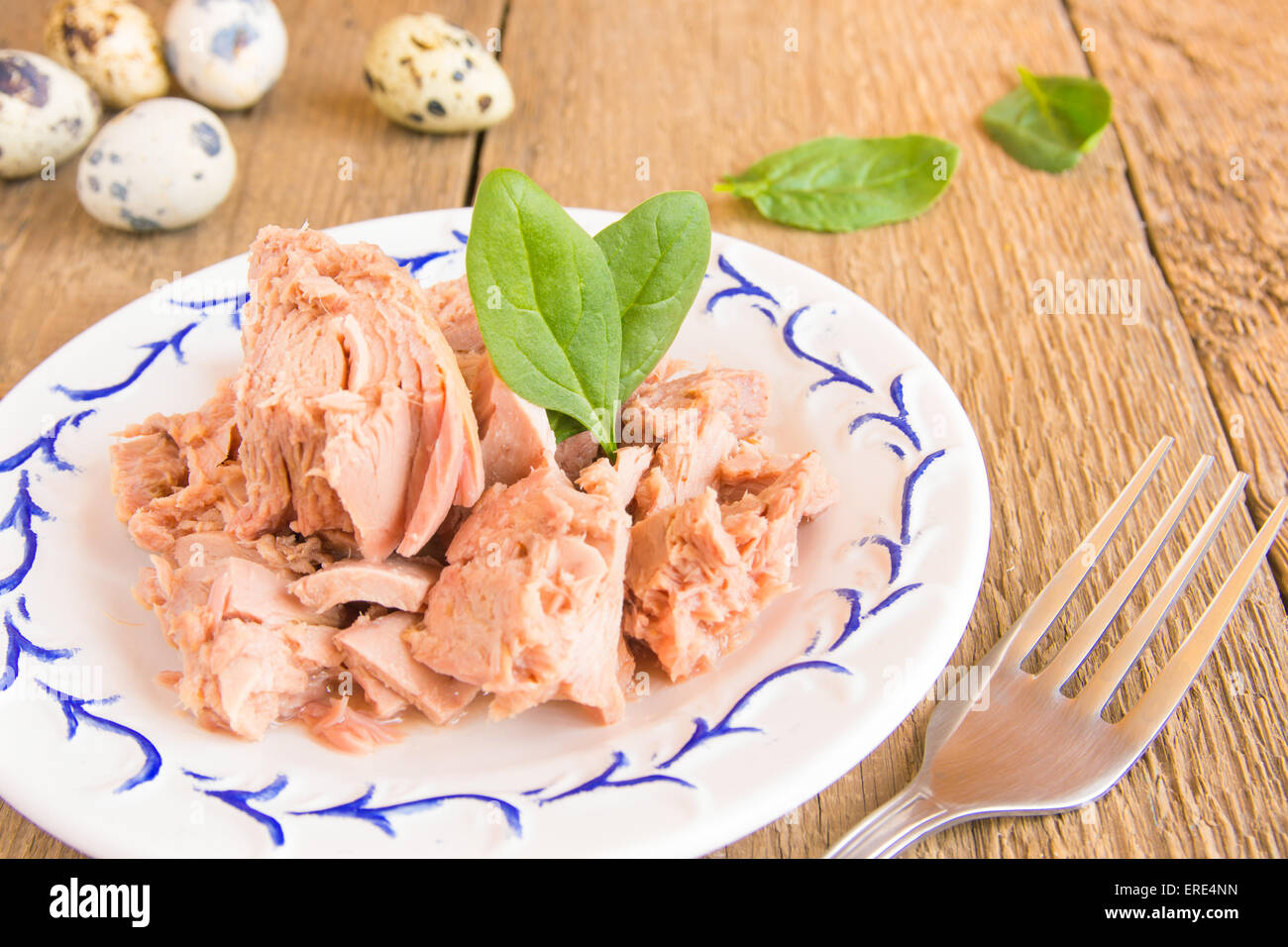 Tuna with spinach leaves on white plate and wooden table close up ...